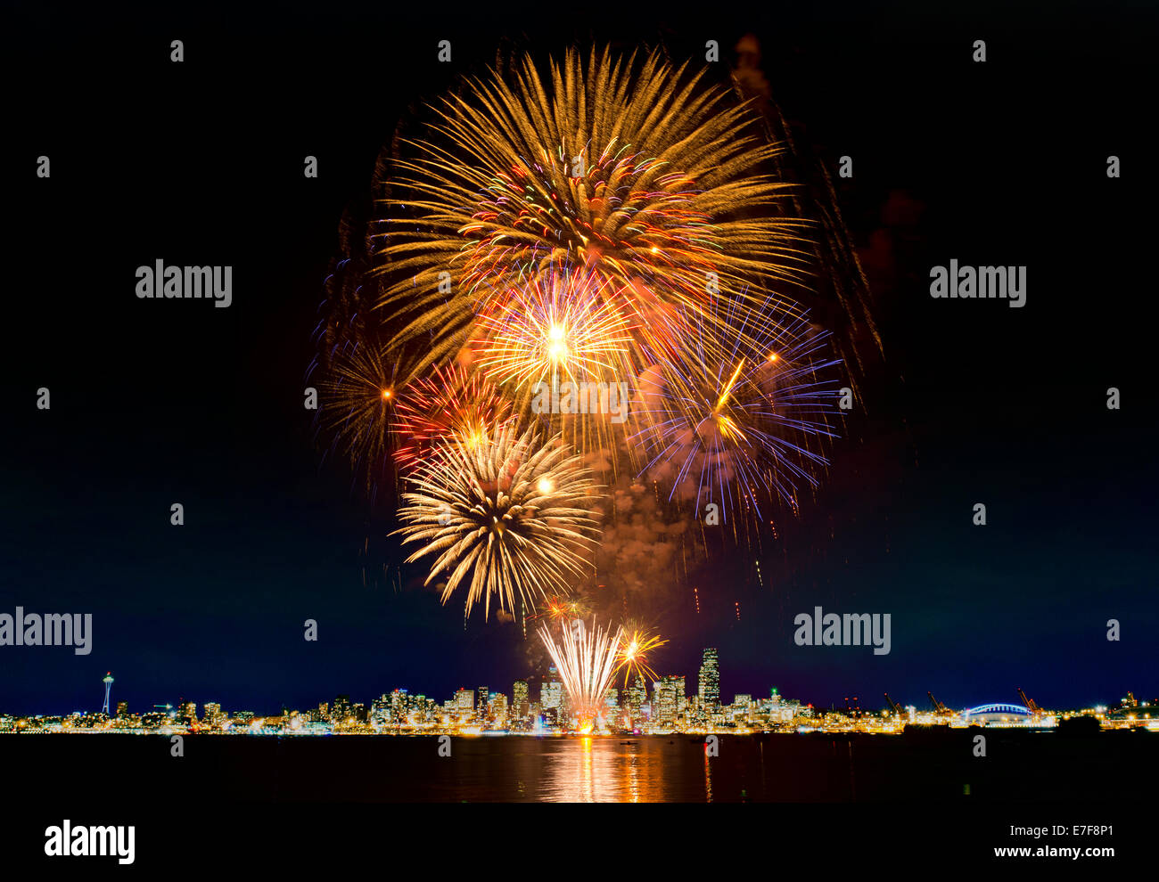 Fireworks exploding over Seattle city skyline, Washington, United ...