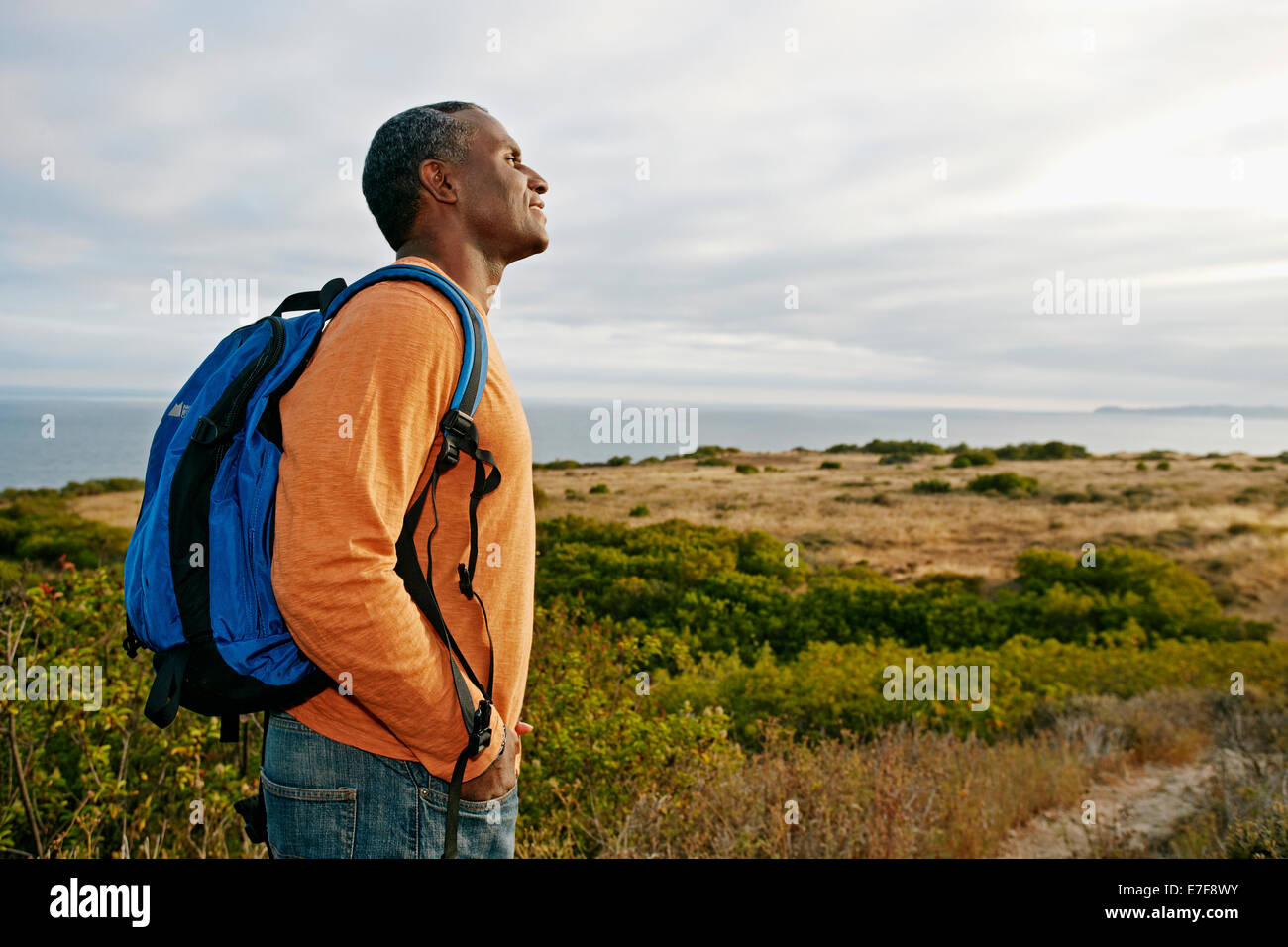 Black man overlooking rural hillside Stock Photo - Alamy