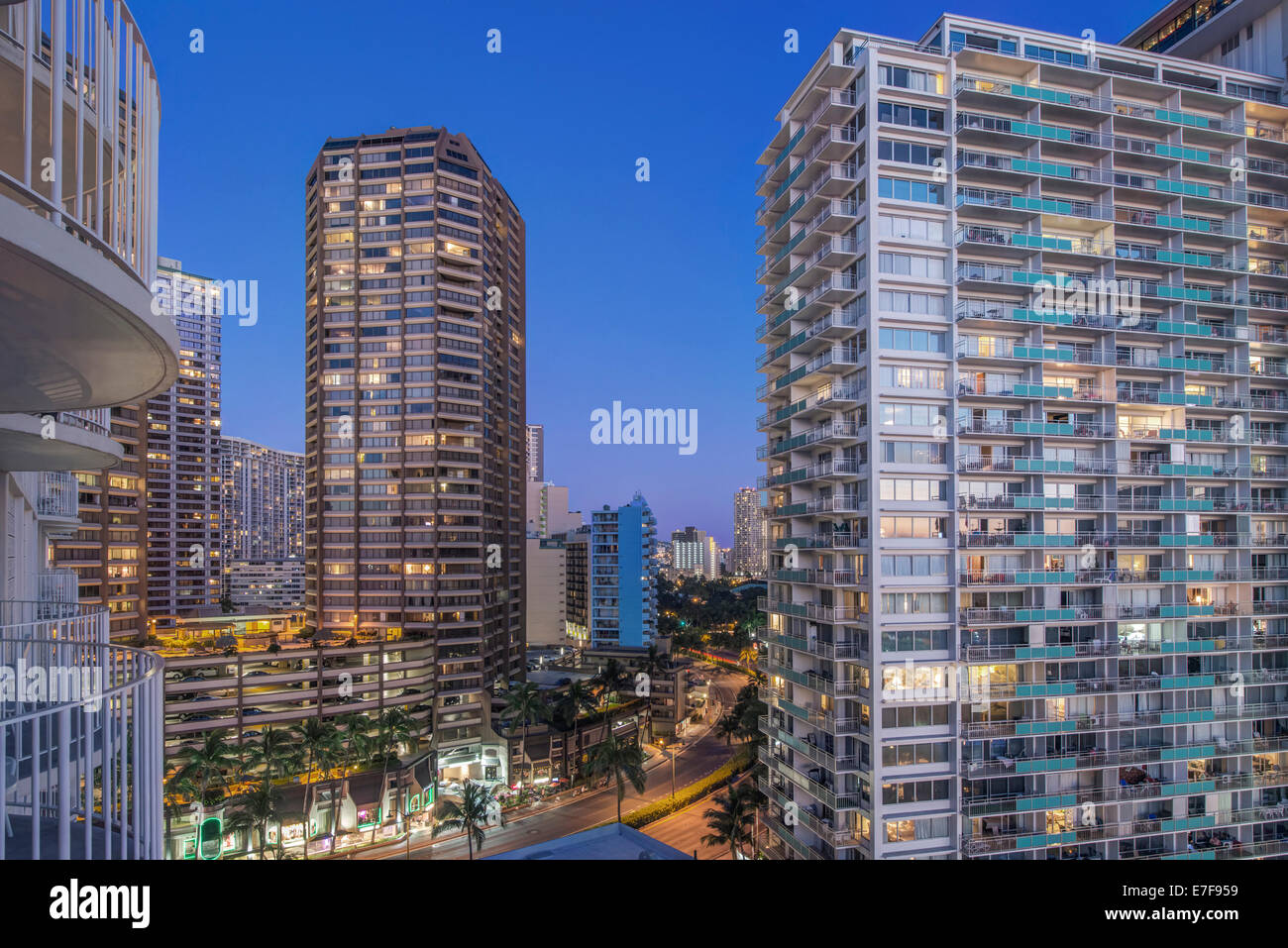 Illuminated skyscrapers in cityscape, Honolulu, Hawaii, United States ...