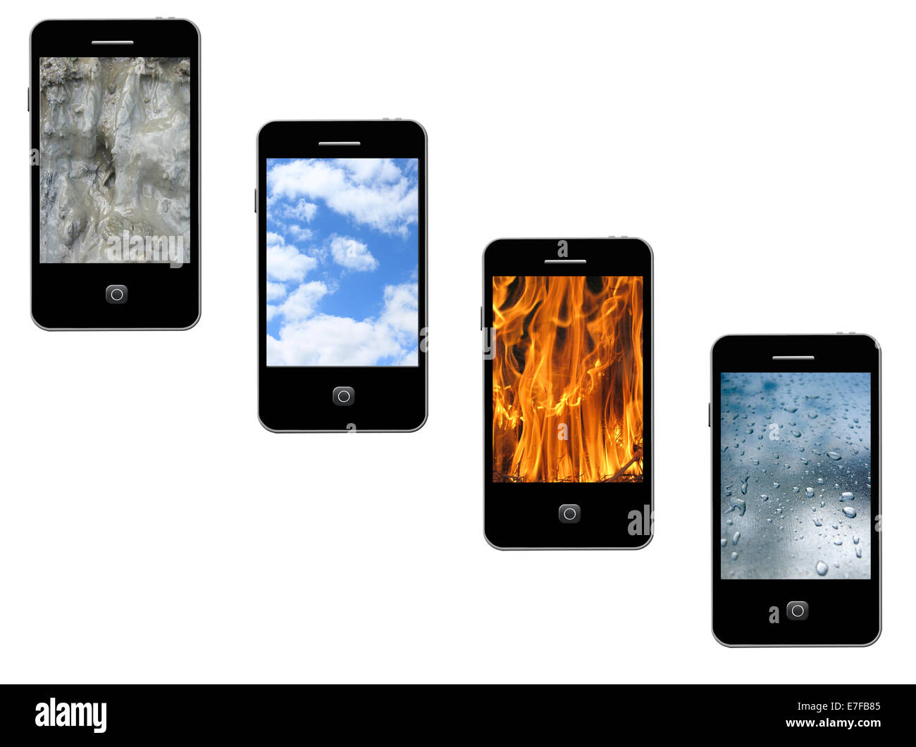 four modern mobile phones with different elements on the white Stock ...