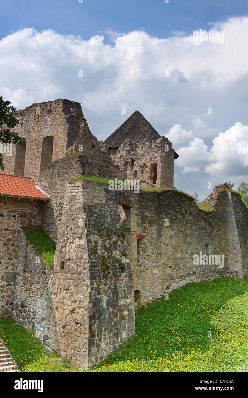 Ruins of the medieval castle on green grass under cloudy blue sky Stock ...
