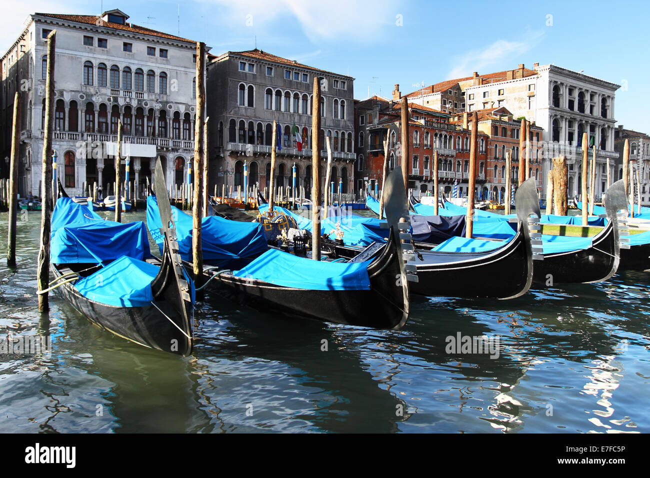 Venetian gondolas on canal with medieval buildings in background Stock ...