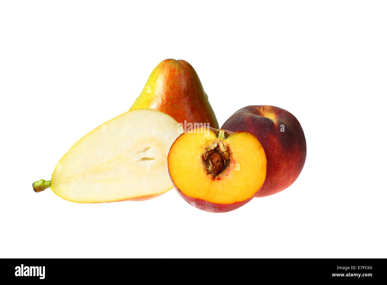 Pears and peaches, whole and halves isolated on white background Stock ...