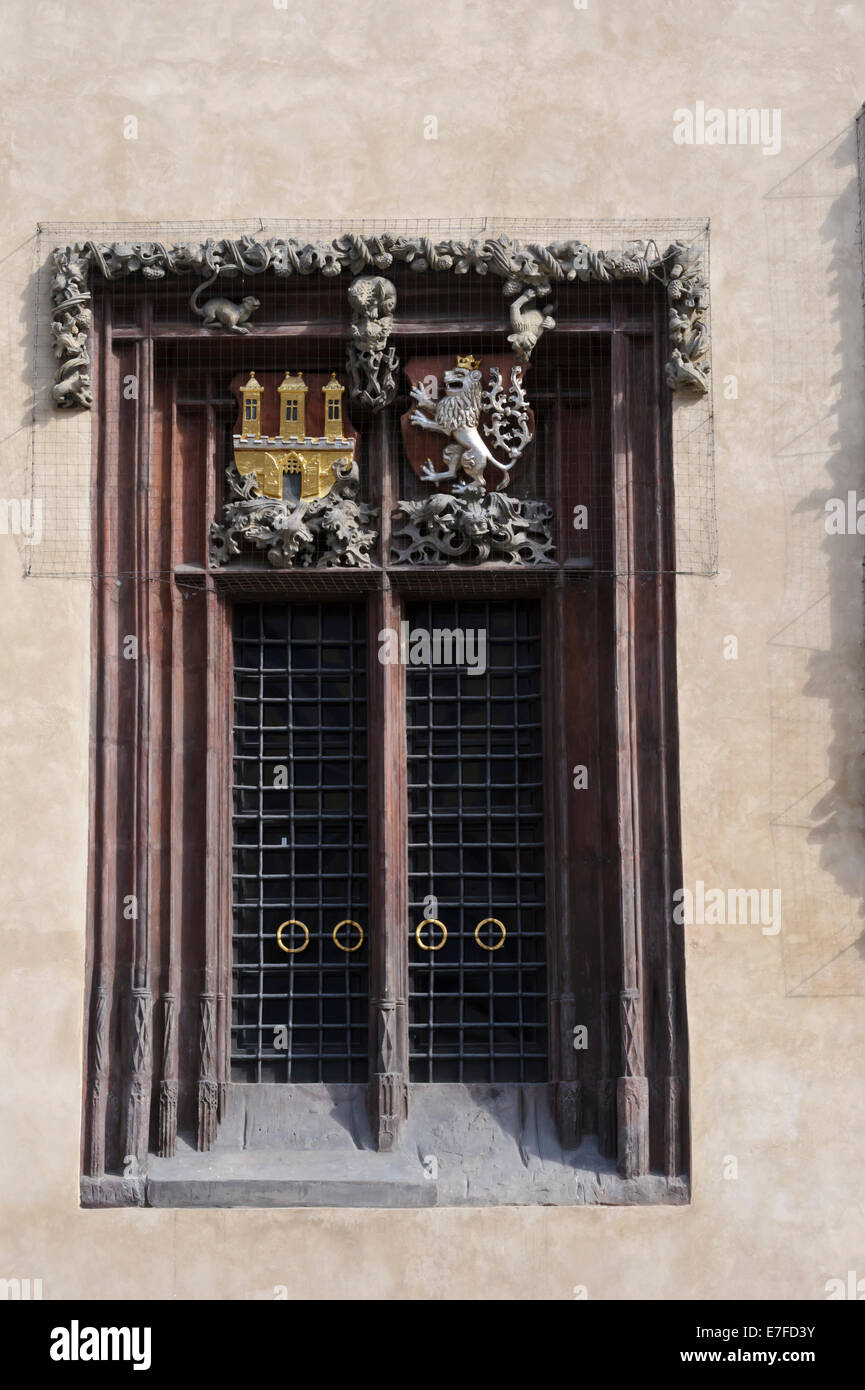 The windows of the Old Town Hall in Prague are decorated with a large ...