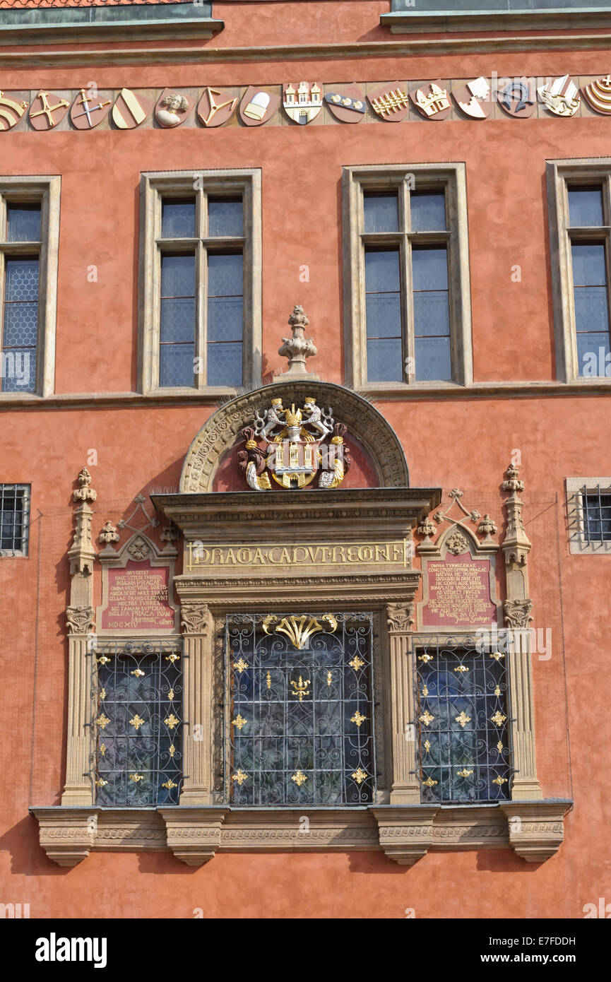 The windows of the Old Town Hall in Prague are decorated with a large ...