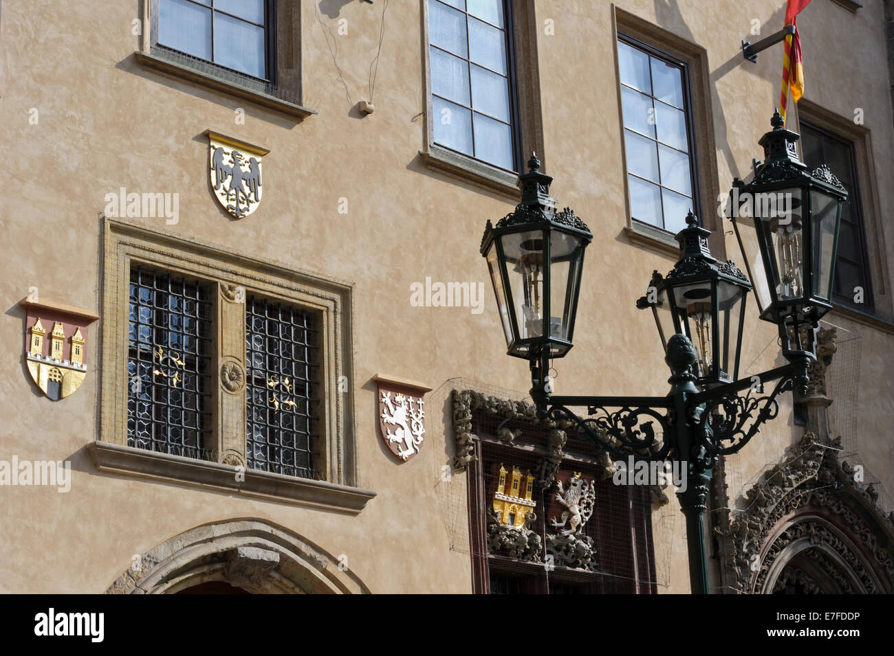 The windows of the Old Town Hall in Prague are decorated with a large ...