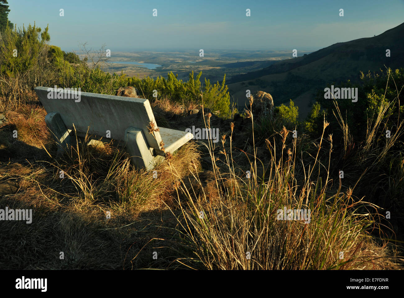 Hogsback, Eastern Cape, South Africa, outdoor bench overlooking scenic ...