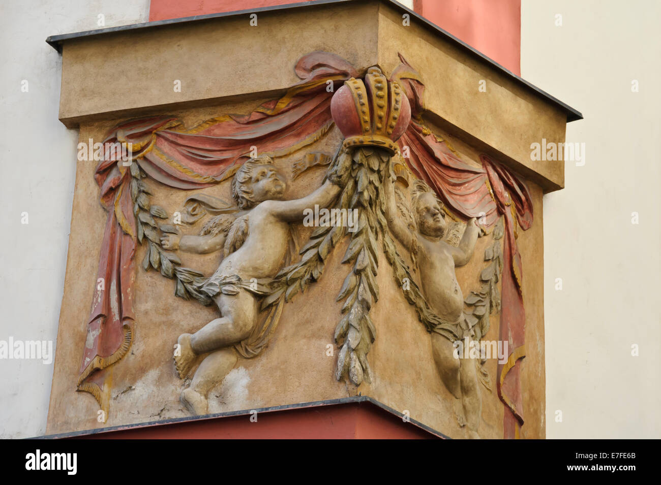 Cherub bas reliefs house sign in the City of Prague, Czech Republic ...