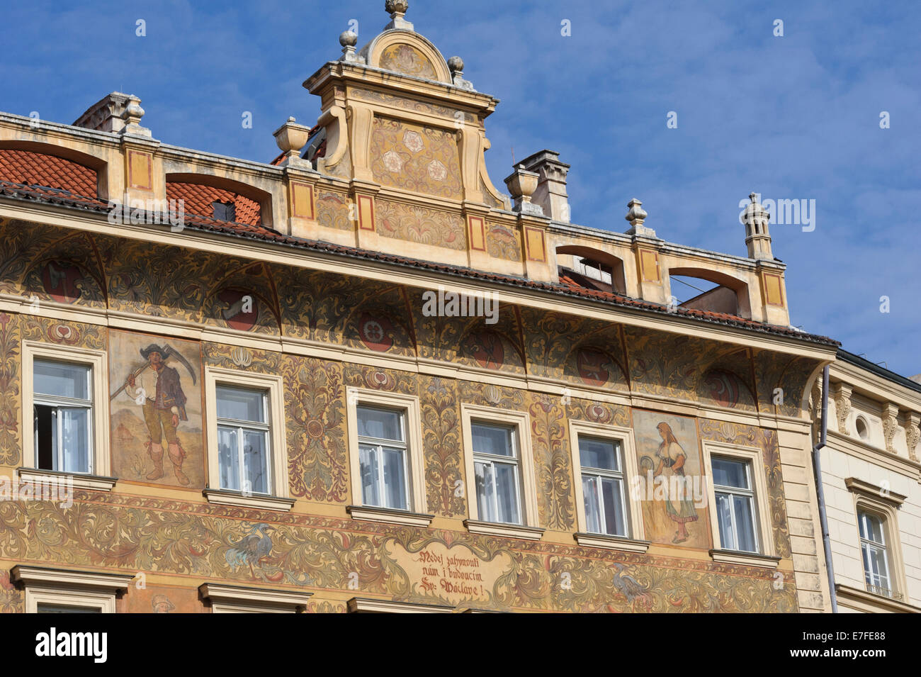 The facade of the ornated building of Rott Hotel in the City of Prague ...