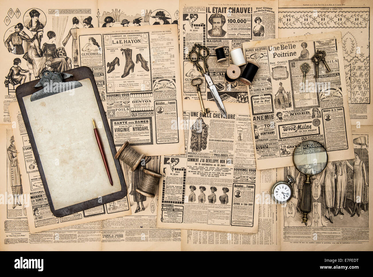 antique accessories, sewing and writing tools, vintage fashion magazine ...