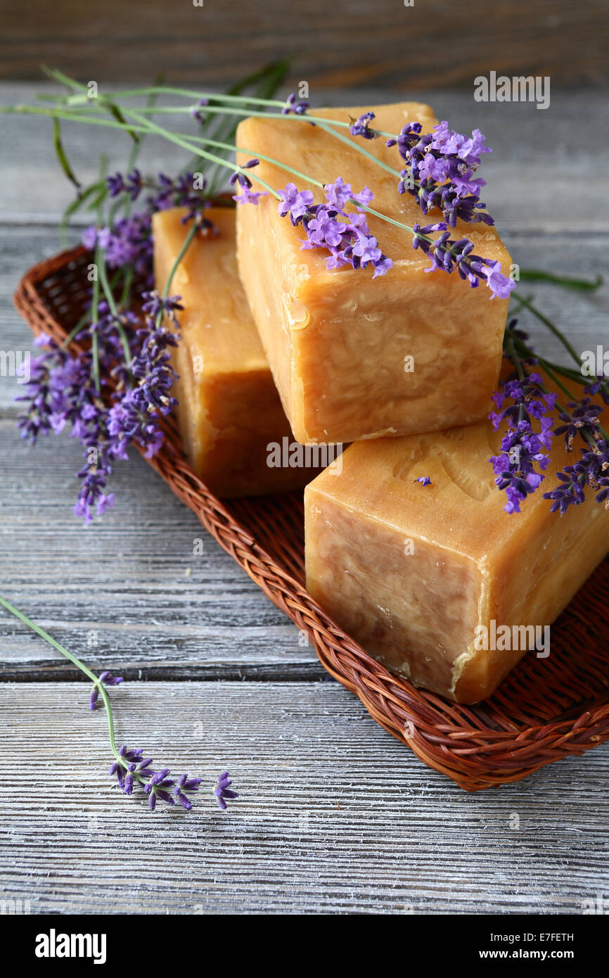 Three large pieces of soap, with lavender Stock Photo - Alamy