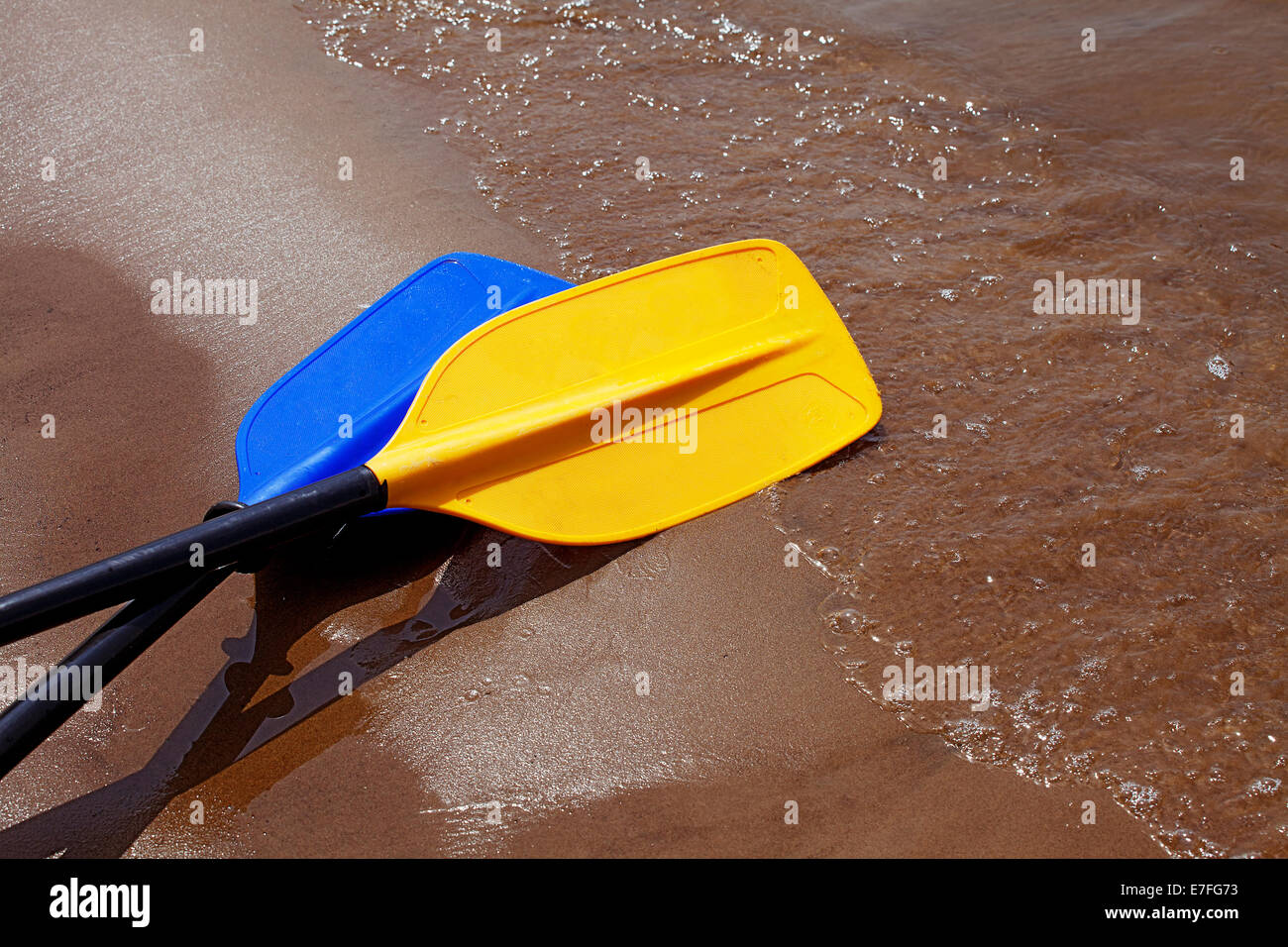 Two paddles laying on the wet sand riverbank Stock Photo - Alamy