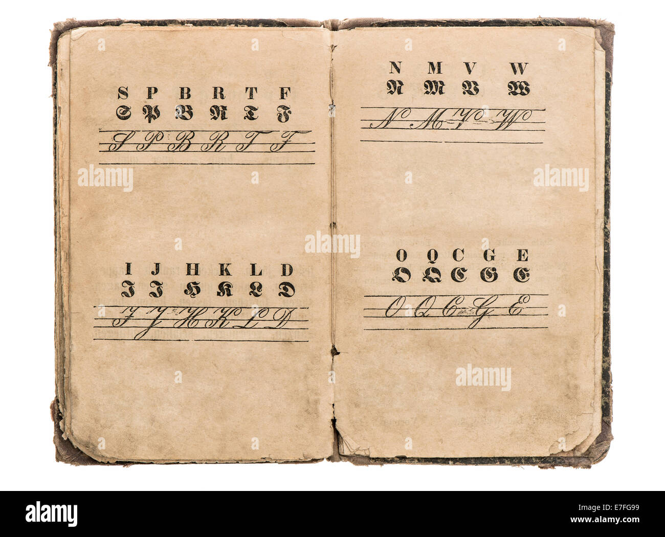 antique alphabet book on white background. vintage fonts on aged paper ...