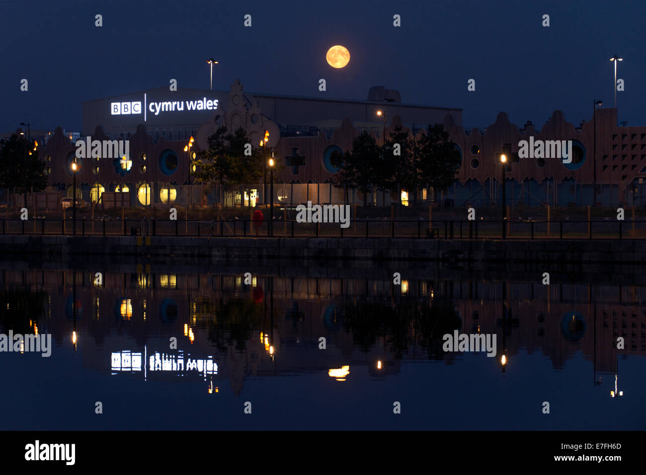 A full moon over the new BBC Roath Dock Studio's in Cardiff Bay, South ...