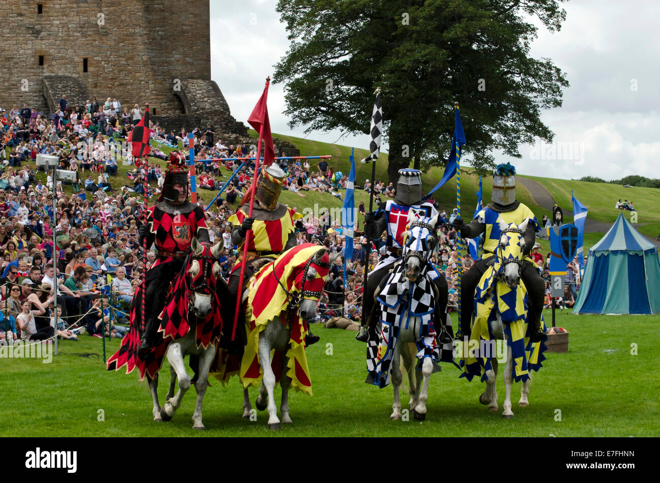 Knights taking part in a medieval jousting tournament at Linlithgow ...