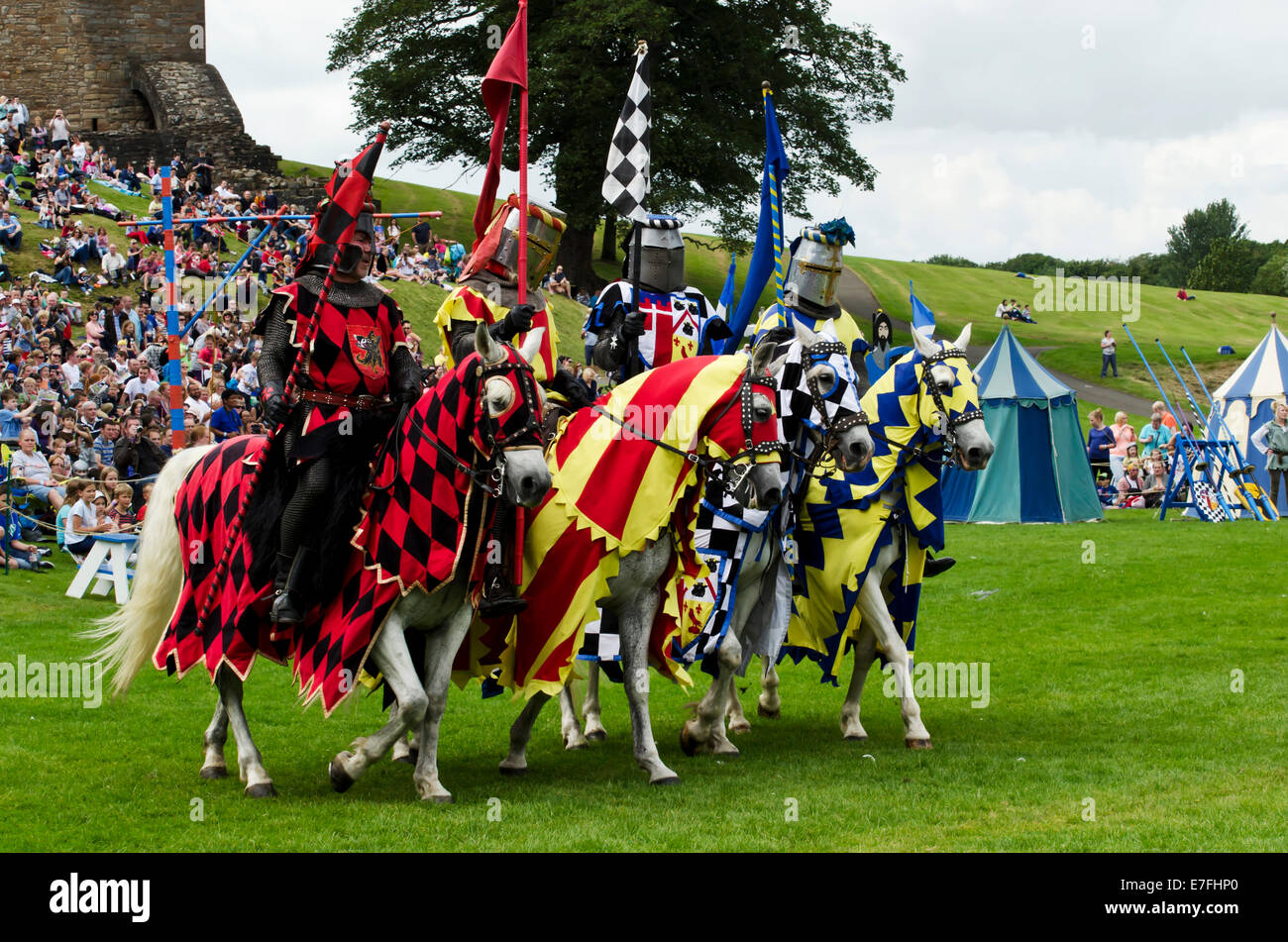 Knights taking part in a medieval jousting tournament at Linlithgow ...
