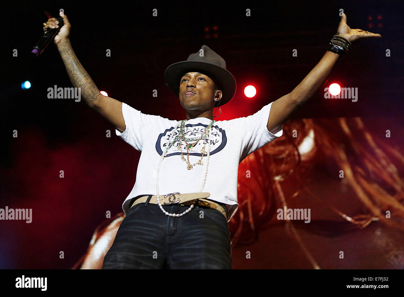 Pharrell Williams performing live in concert at the Challenge Stadium ...