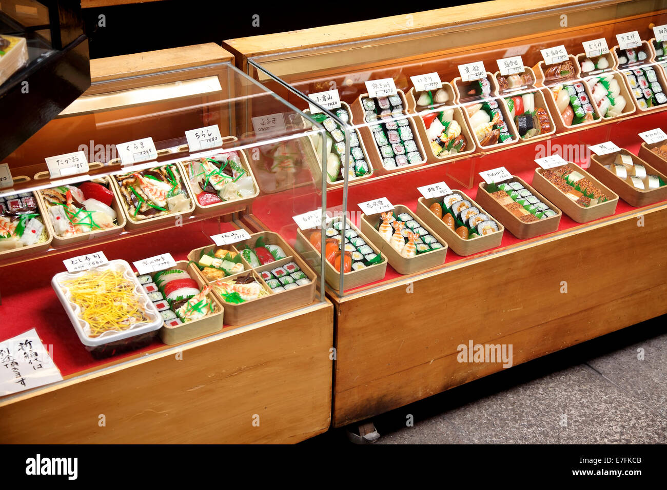 Restaurant displaying plates of traditional food, sushi, sashimi. Kyoto ...