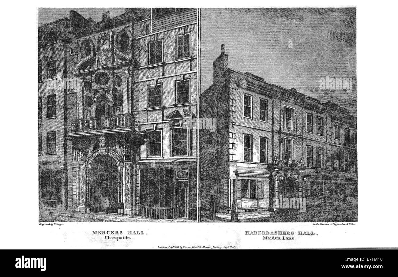 Illustration from 'Brayley' (1820) showing Mercers Hall and ...