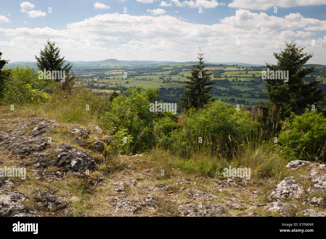 View of farmland from Wenlock Edge, near Much Wenlock, Shropshire ...