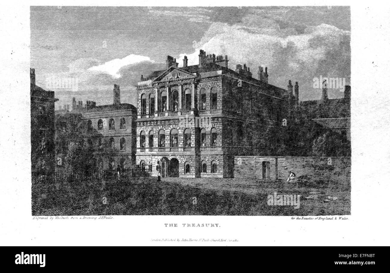 Illustration from 'Brayley' (1820) depicting The Treasury building, a ...