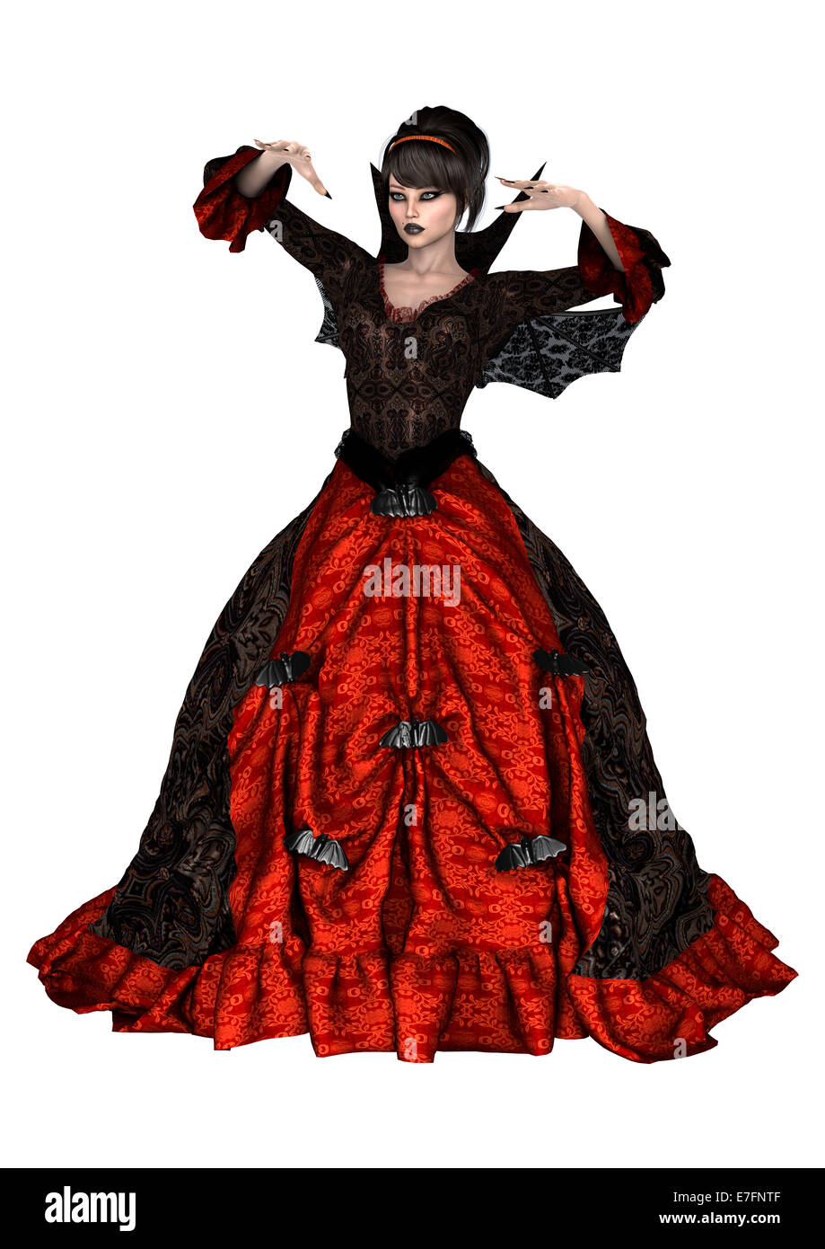 3D digital render of a beautiful fantasy female wizard in a red and ...