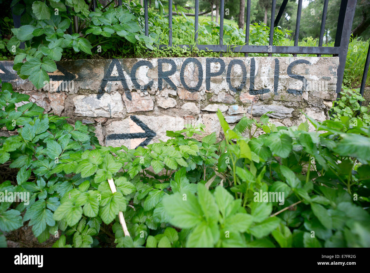 Rough street signage in the backstreets of the Plaka district in Athens ...