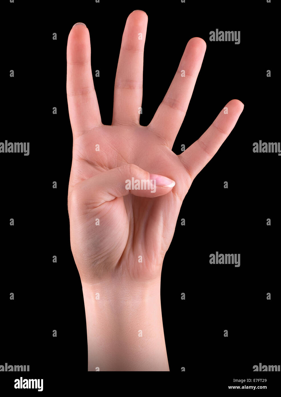 Male hand is showing four fingers isolated on black background Stock ...