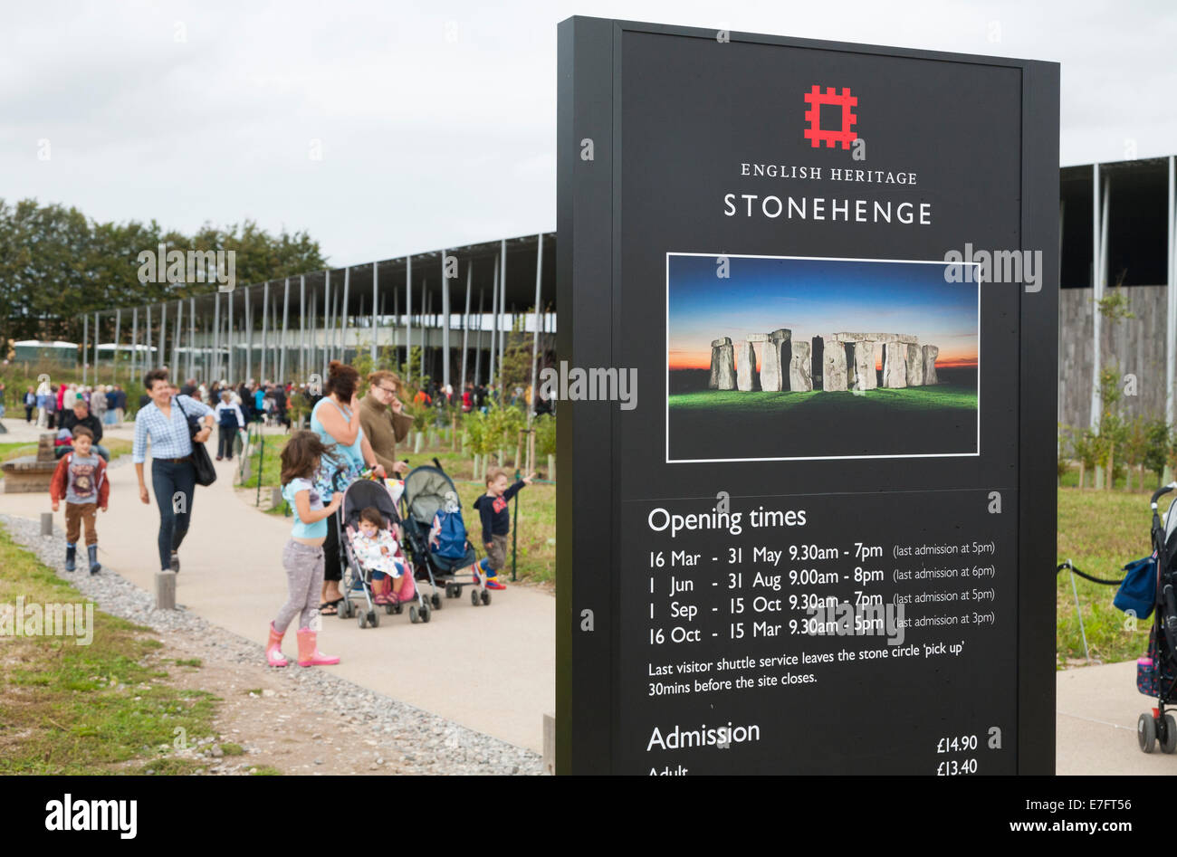 Tourist visitors pass the opening time & information sign outside at ...