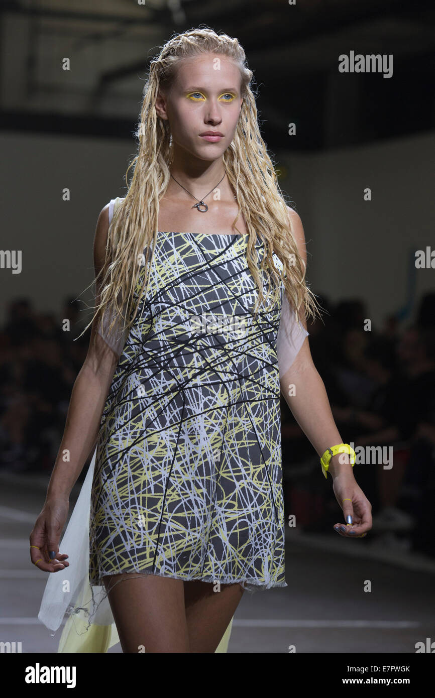 London, UK. 16 September 2014. Collection by Louise Alsop. A model ...