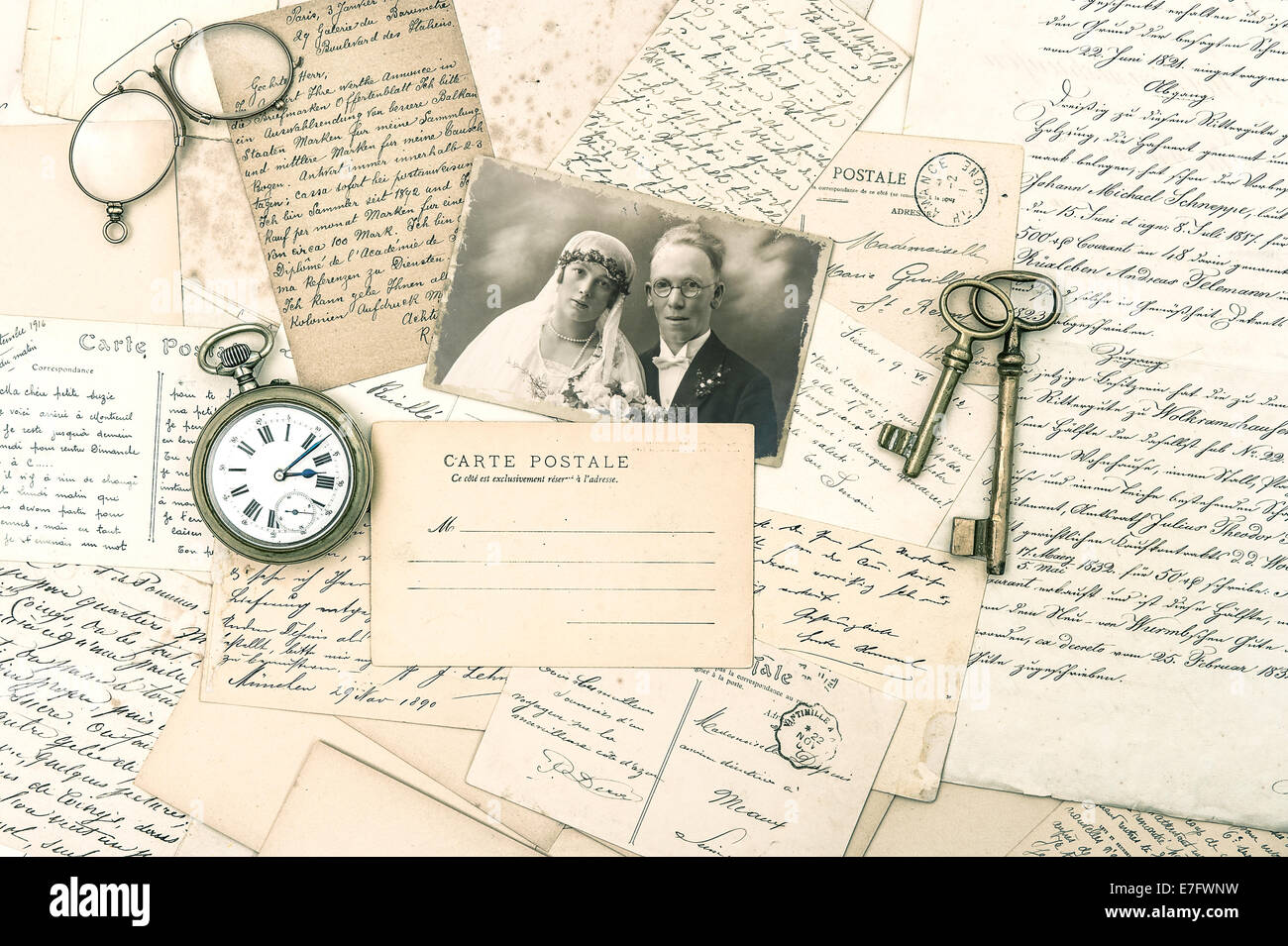 old letters and postcards, antique accessories and wedding photo ...