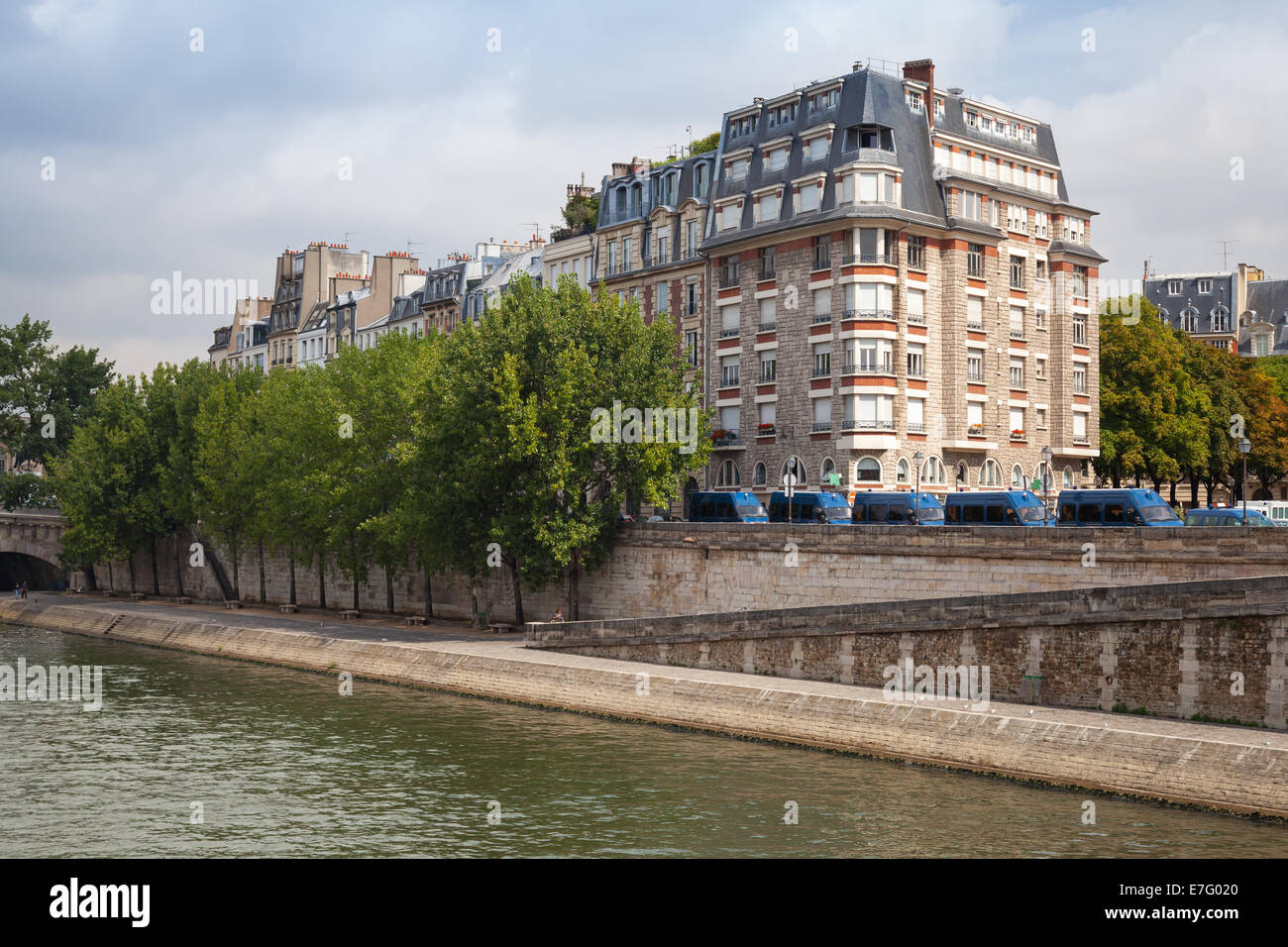 Trees and buildings are on Embankment of Seine river in Paris, France ...