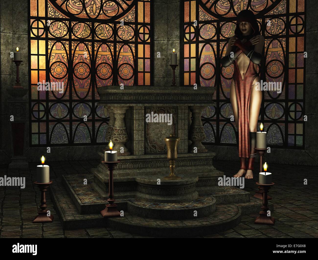 Fantasy candlelit temple scene with female priestess near altar and ...