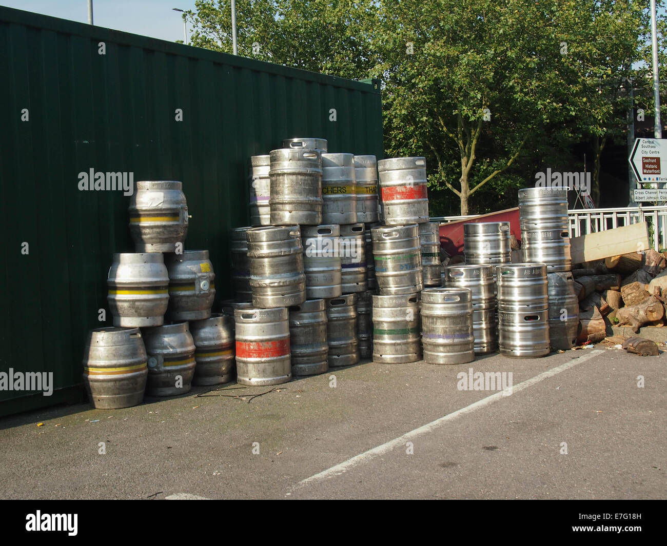 Steel Beer barrels in storage in a pub car park Stock Photo - Alamy