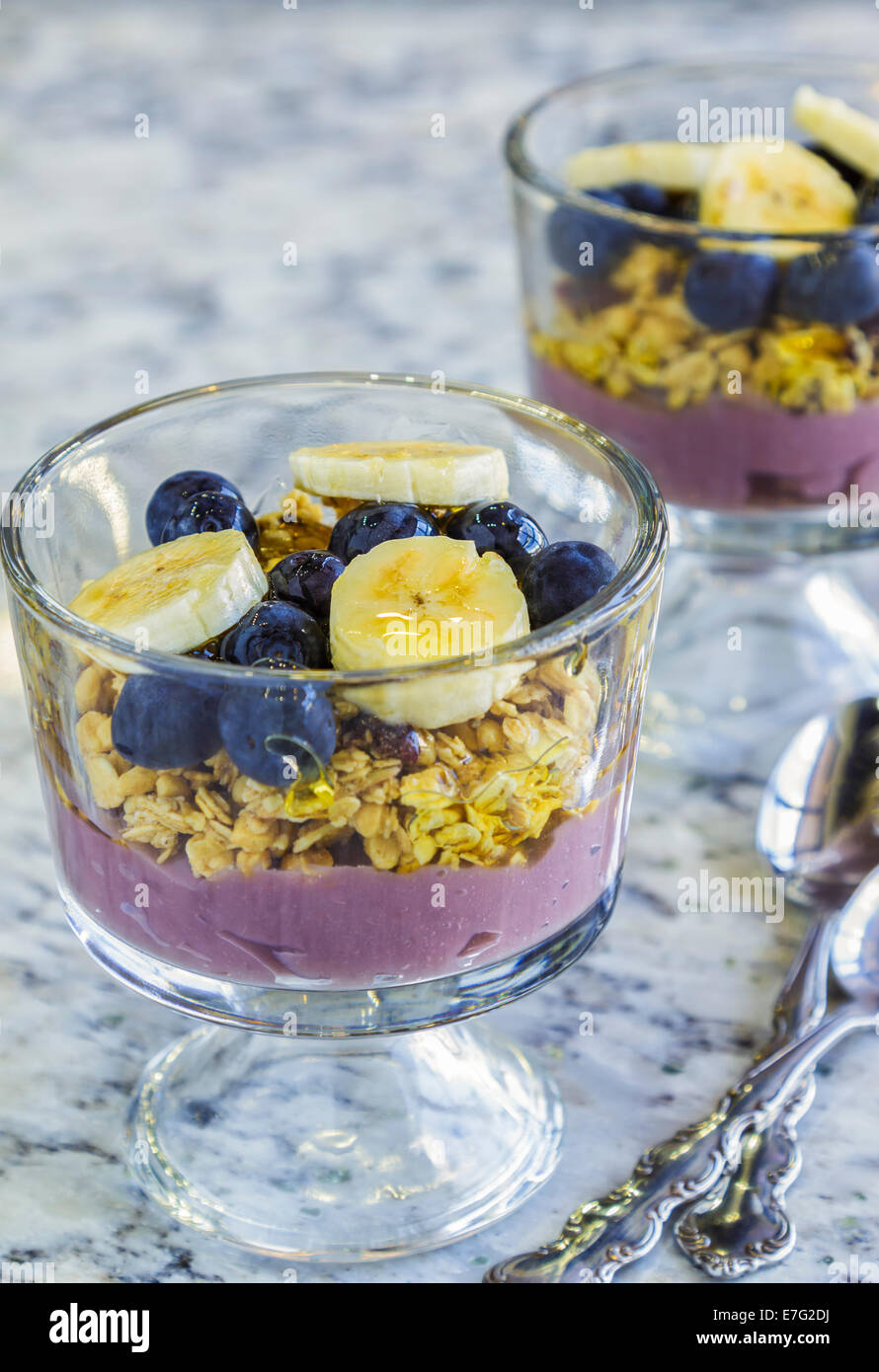 Hawaiian parfait with layers of poi, granola, blueberries, bananas and ...