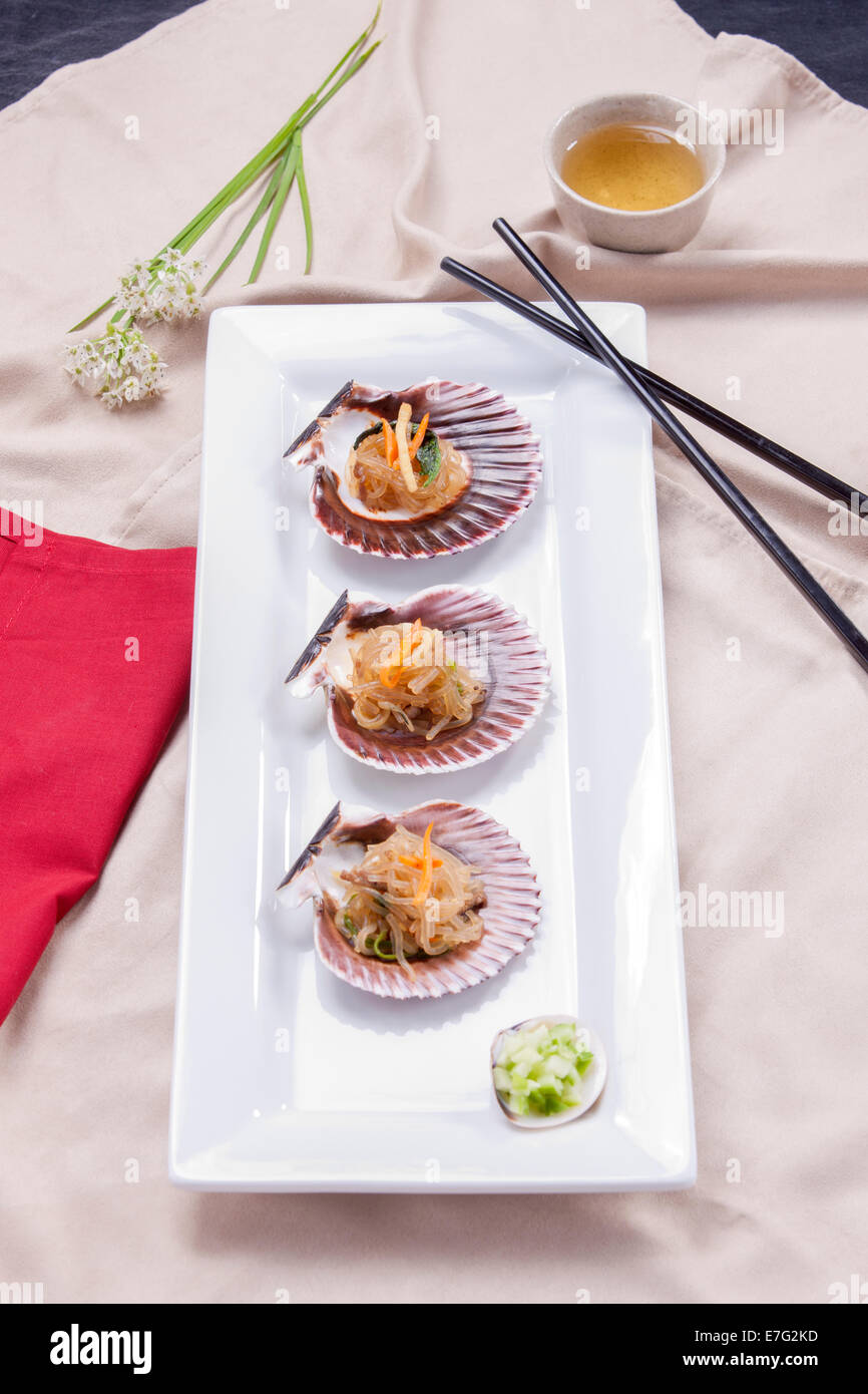 Overview of Korean noodles on seashells Stock Photo - Alamy