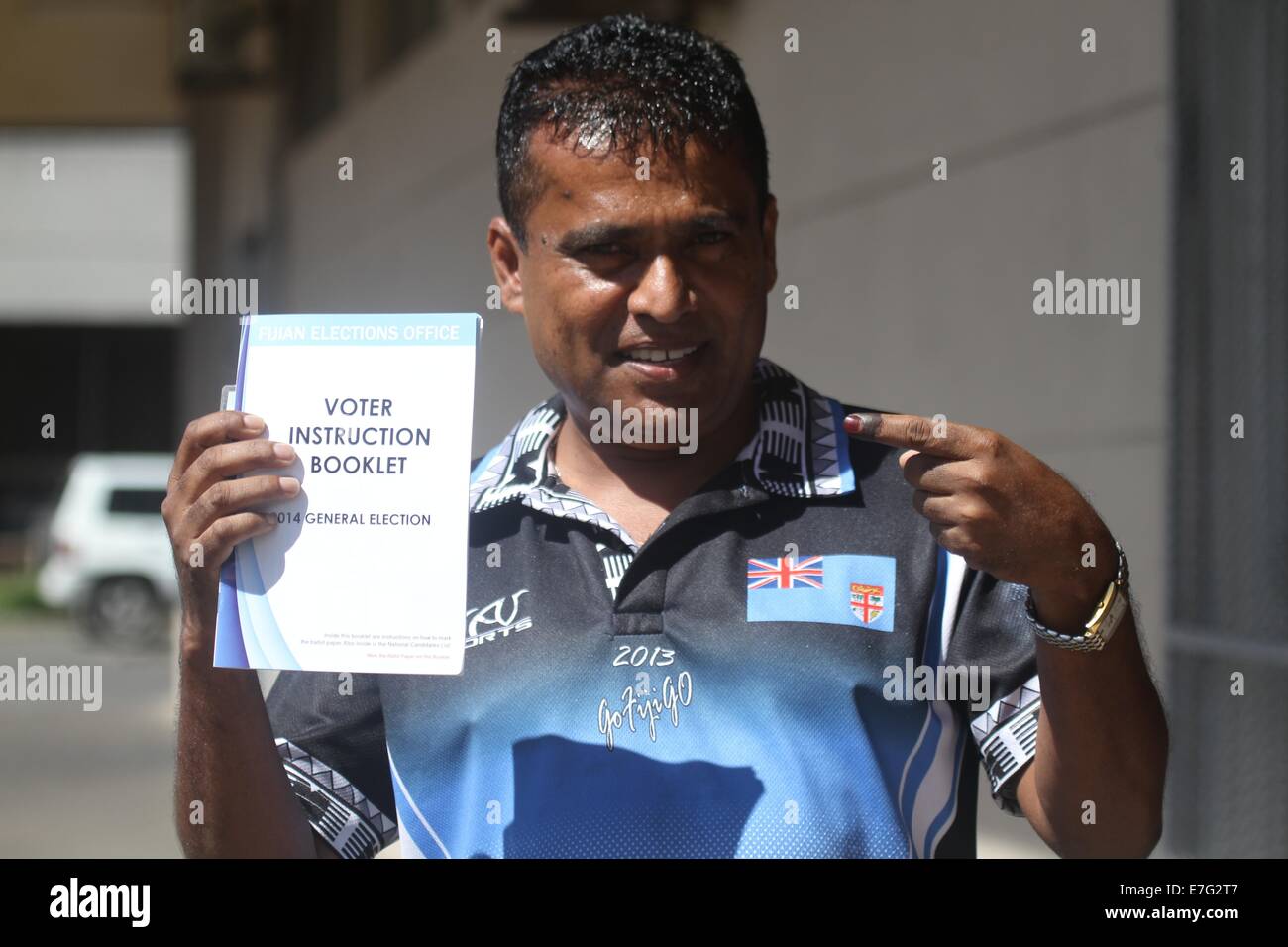 Suva, Fiji. 17th Sep, 2014. A Fijian voter who has completed voting ...
