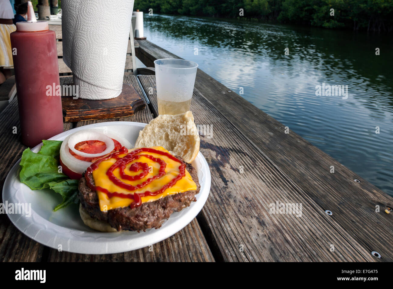 Cheeseburger with lettuce, tomato, onion and bun on paper plate ...