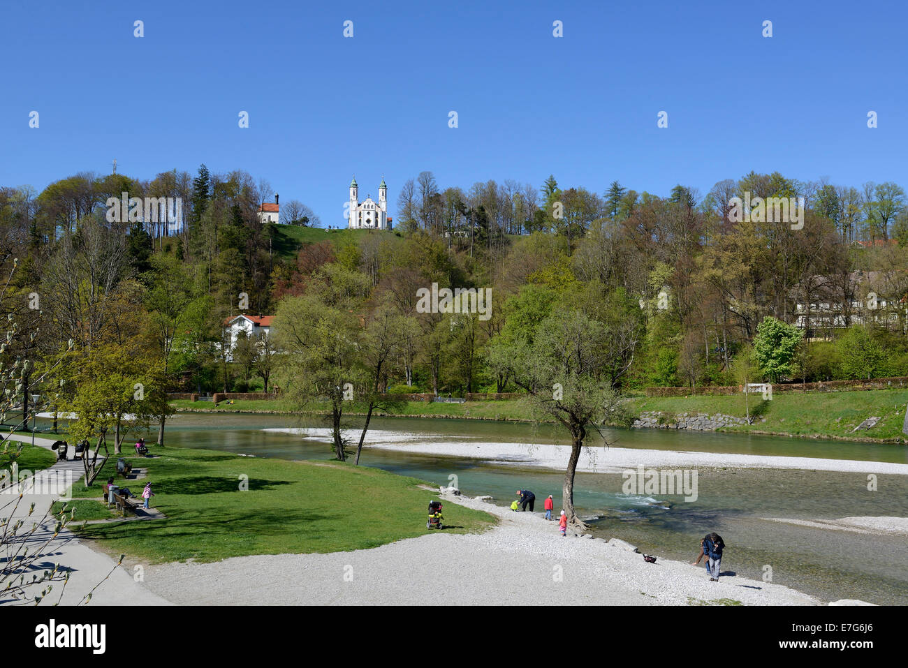 Isar promenade, embankment of the Isar River Leonard Chapel and the ...