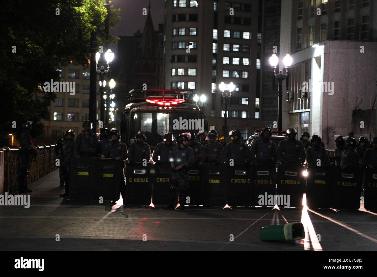 Sao Paulo, Brazil. 16th Sept, 2014. Riot police stand on guard after an ...