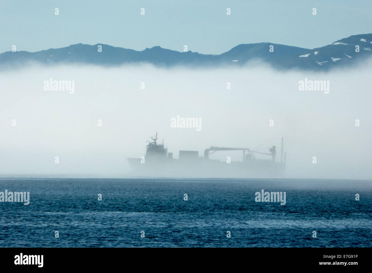 Ship In Mist Stock Photo - Alamy