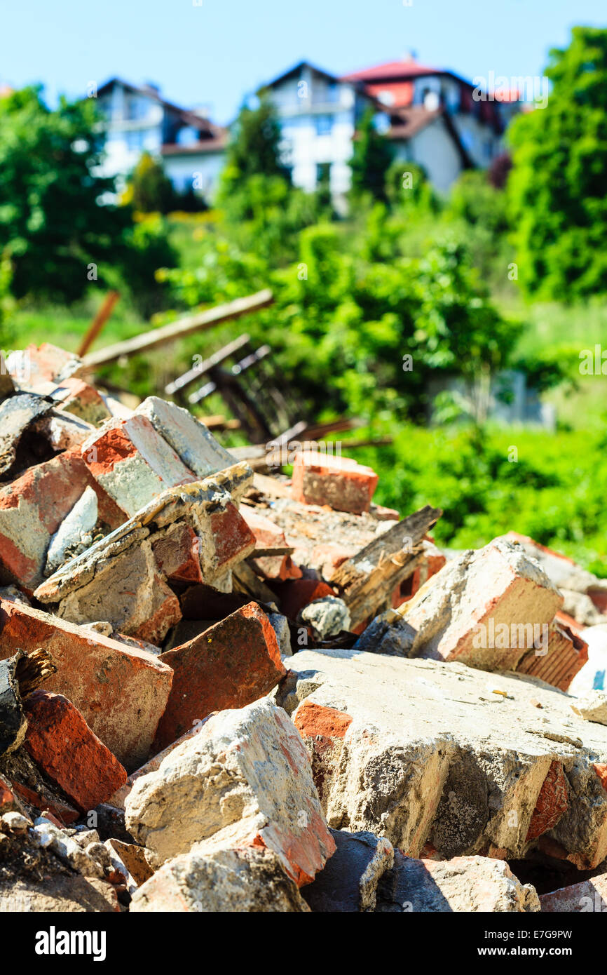 Construction site. Closeup of stack of old grunge destroyed damaged ...