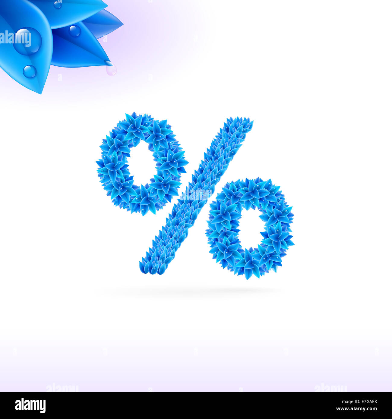 Sans serif font with blue leaf decoration on white background. Per cent ...