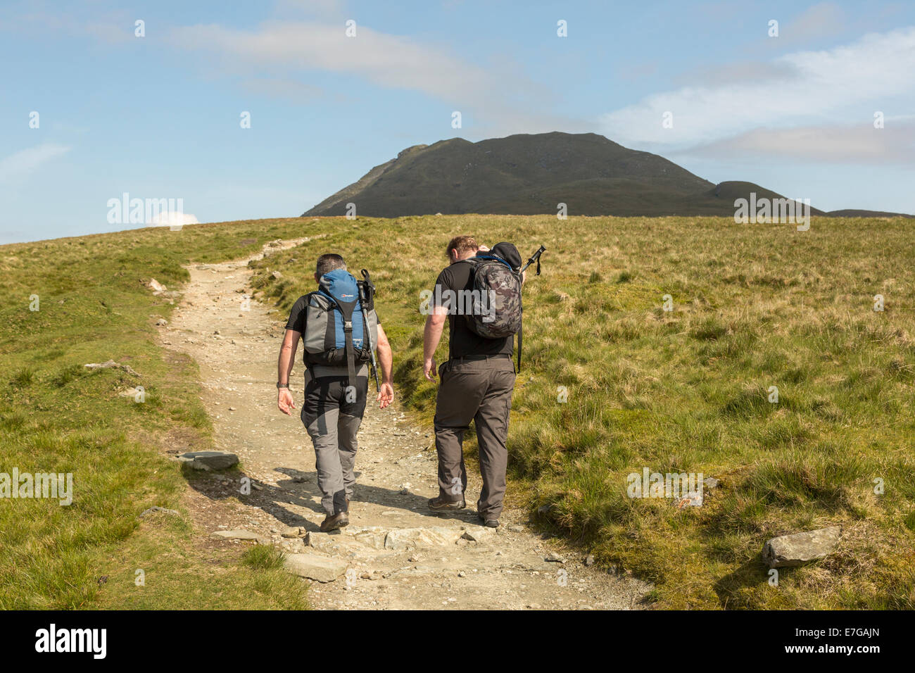 Two male hill walkers walk up the stone path leading to the summit/peak ...