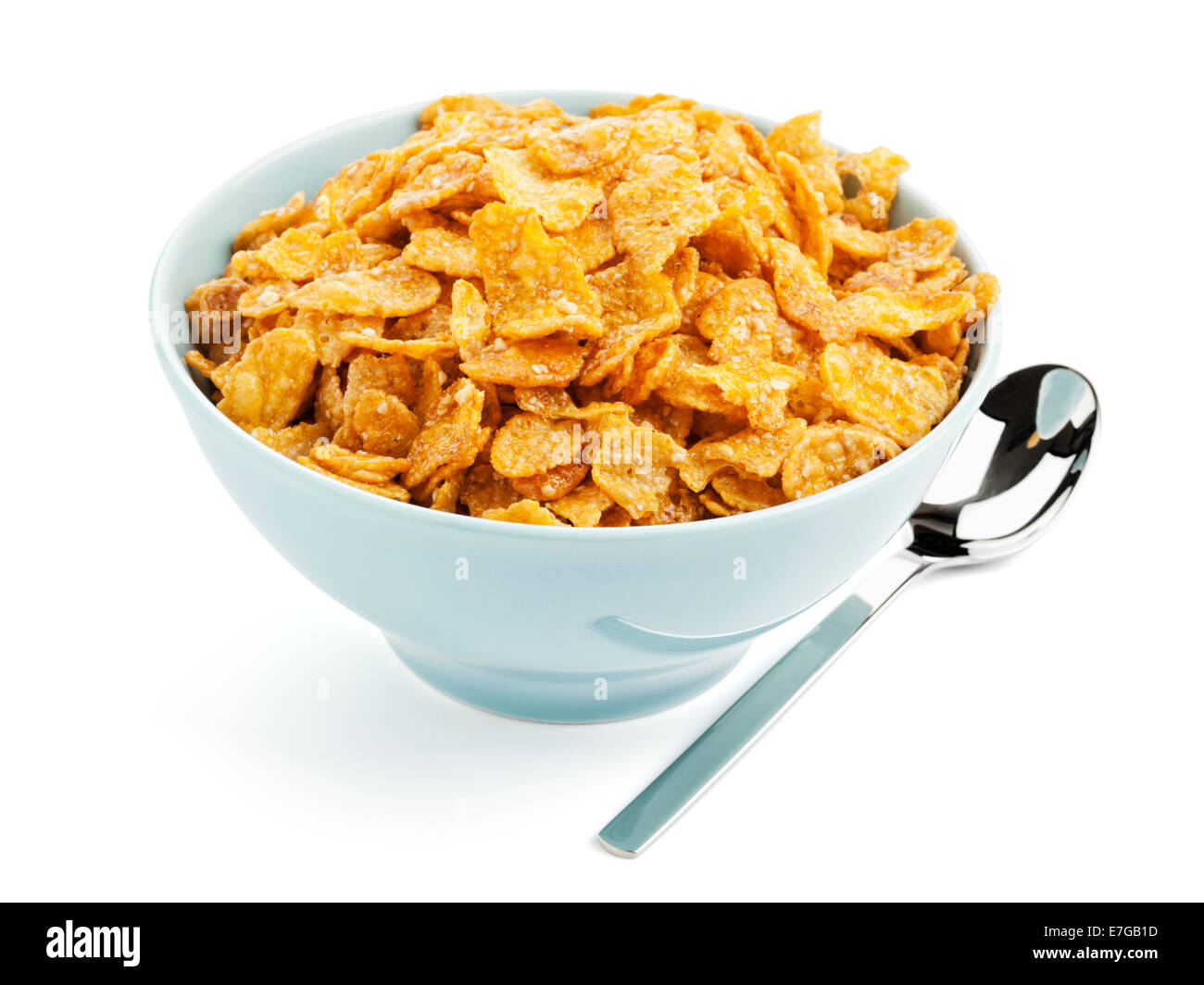 Bowl of corn flakes and spoon isolated on white background Stock Photo ...