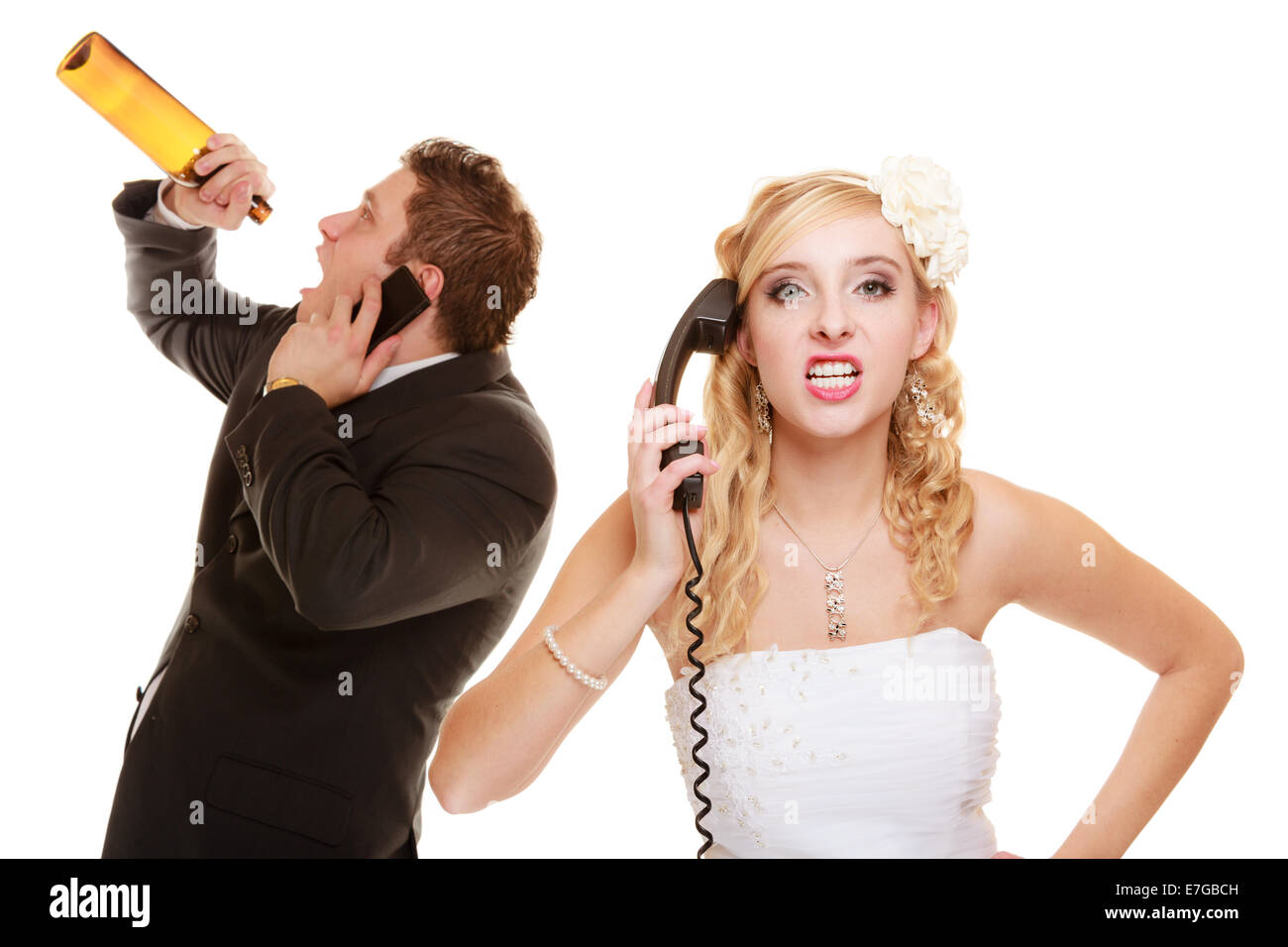 Wedding relationship difficulties. Angry woman and drunk man talking on ...