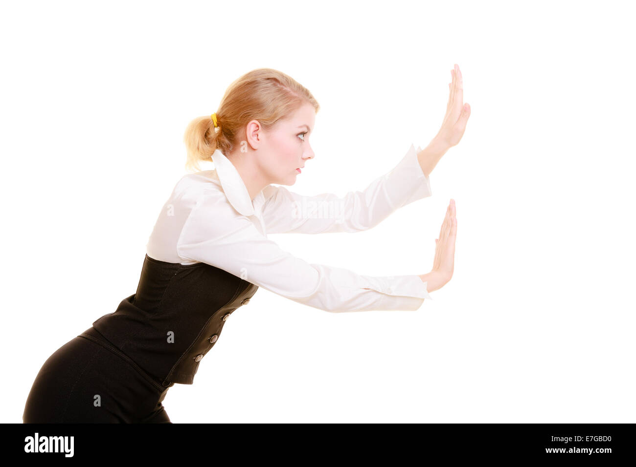 Businesswoman pushing away blank copy space Stock Photo - Alamy