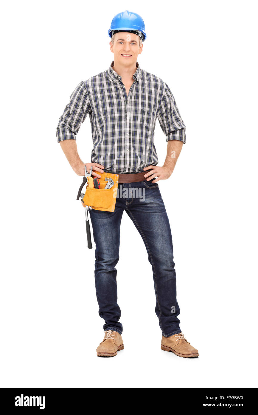 Full length portrait of a construction guy posing isolated on white ...