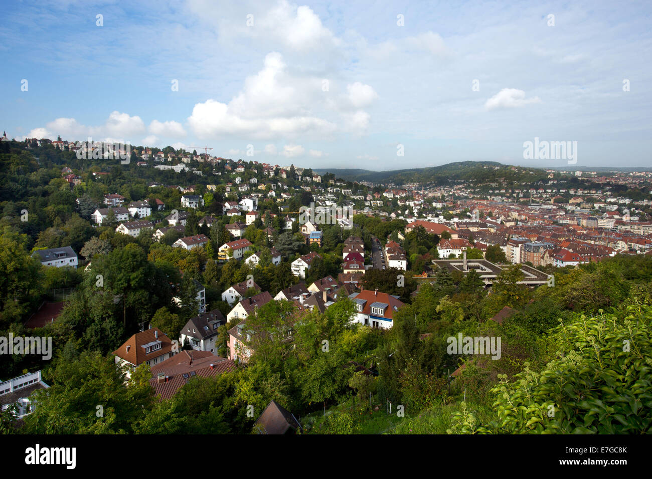 View from top of the hills down into the South borough of Stuttgart ...