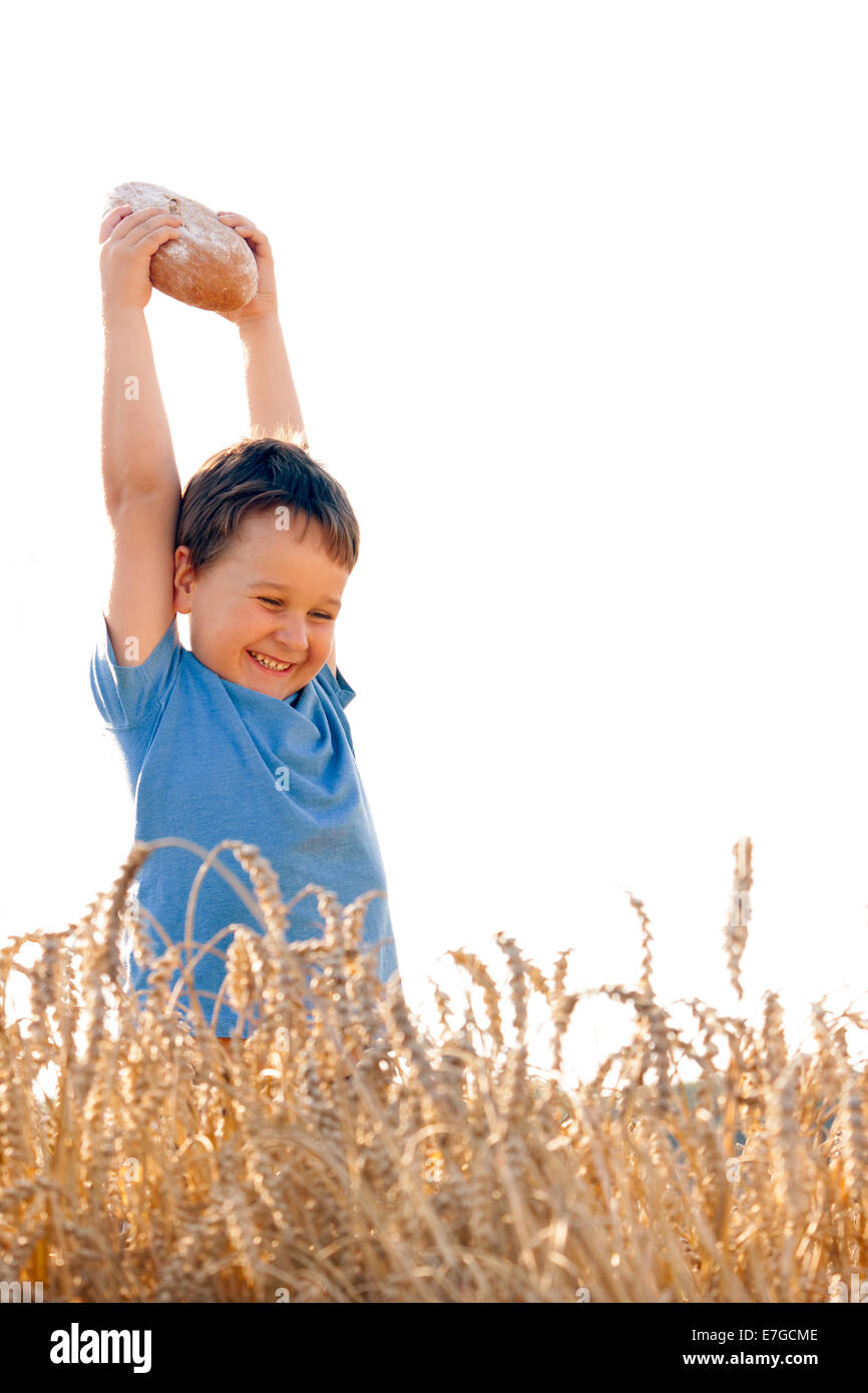 Boy with the bread over your head in the mature grain with the sun at ...